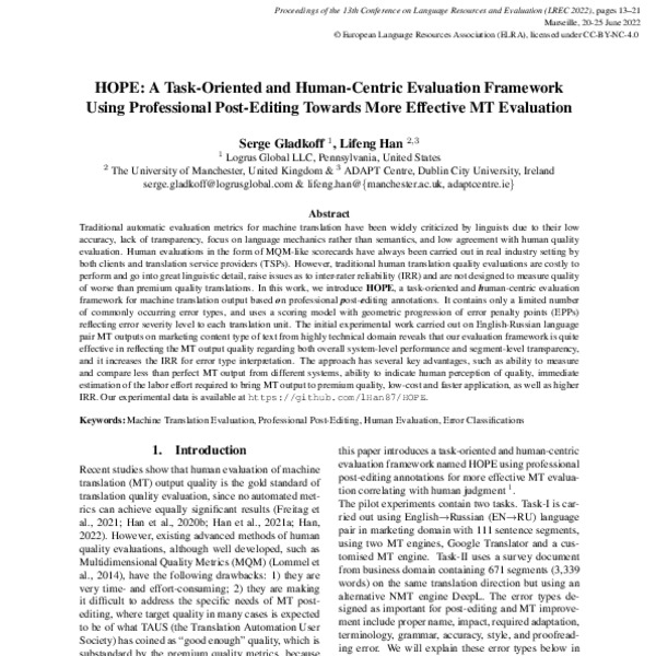 HOPE: A Task-Oriented and Human-Centric Evaluation Framework Using Professional Post-Editing ...