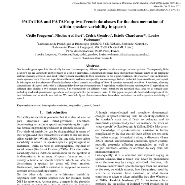 PATATRA and PATAFreq: two French databases for the documentation of within-speaker variability ...