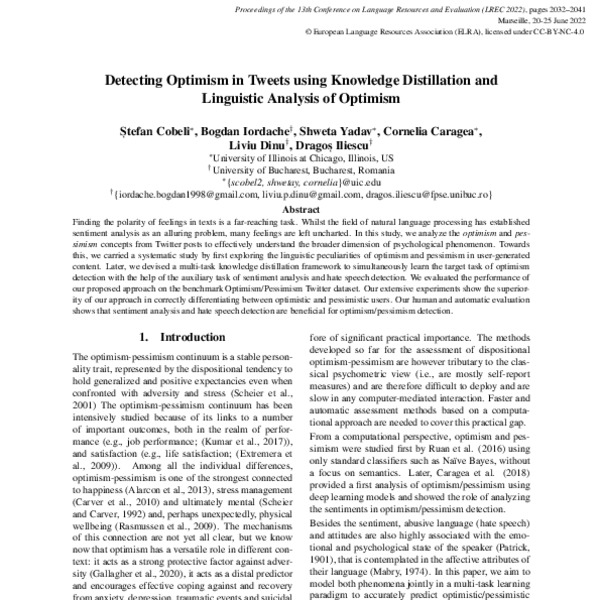 Detecting Optimism in Tweets using Knowledge Distillation and Linguistic Analysis of Optimism ...