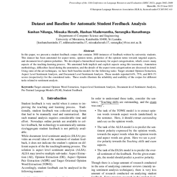Dataset and Baseline for Automatic Student Feedback Analysis - ACL Anthology