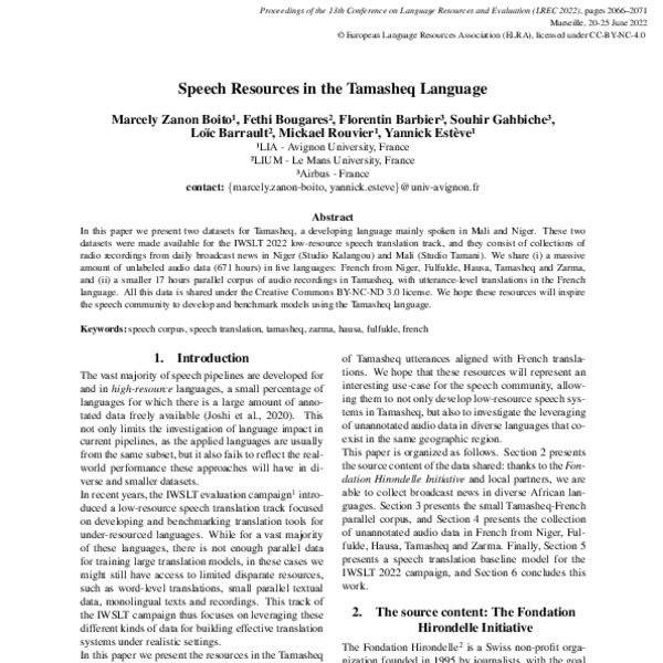 Speech Resources in the Tamasheq Language - ACL Anthology