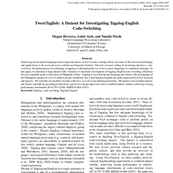 TweetTaglish: A Dataset for Investigating Tagalog-English Code-Switching - ACL Anthology