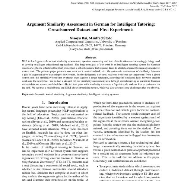 Argument Similarity Assessment in German for Intelligent Tutoring ...