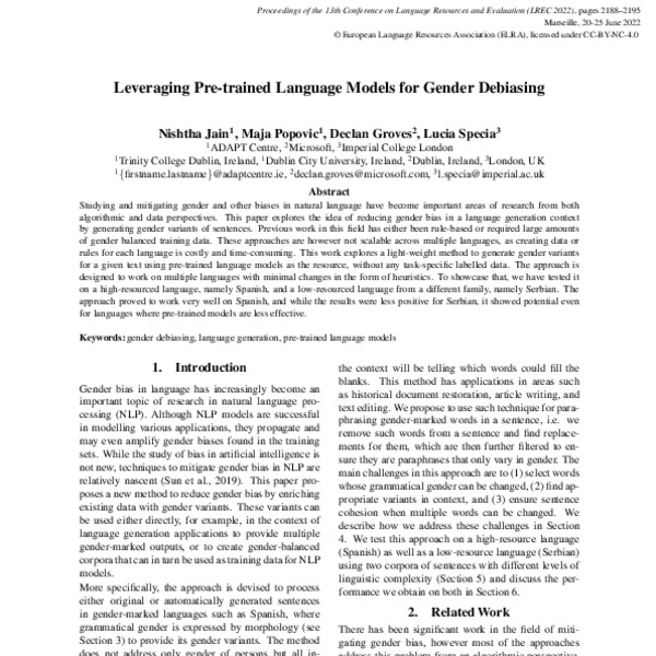 Leveraging Pre-trained Language Models for Gender Debiasing - ACL Anthology