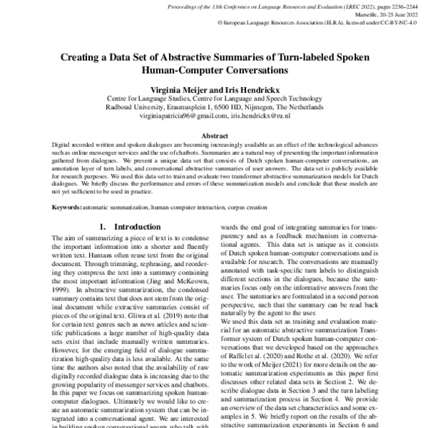 Creating a Data Set of Abstractive Summaries of Turn-labeled Spoken ...