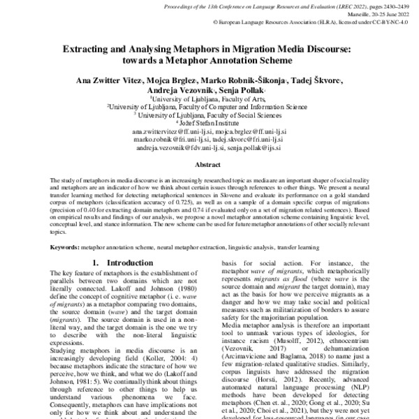 Extracting and Analysing Metaphors in Migration Media Discourse: towards a Metaphor Annotation ...