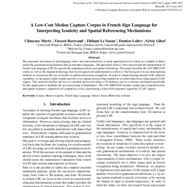 A Low-Cost Motion Capture Corpus in French Sign Language for Interpreting Iconicity and Spatial ...