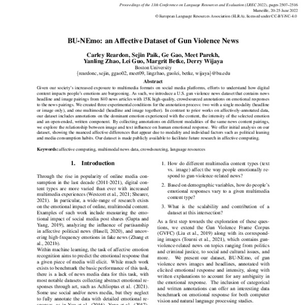 BU-NEmo: an Affective Dataset of Gun Violence News - ACL Anthology