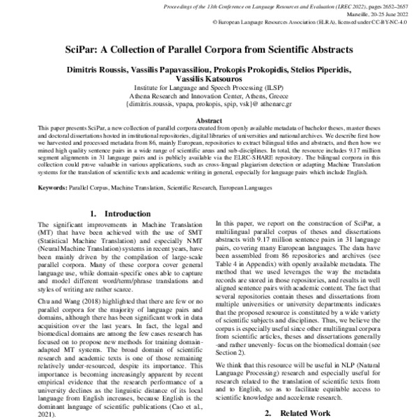 SciPar: A Collection of Parallel Corpora from Scientific Abstracts - ACL Anthology