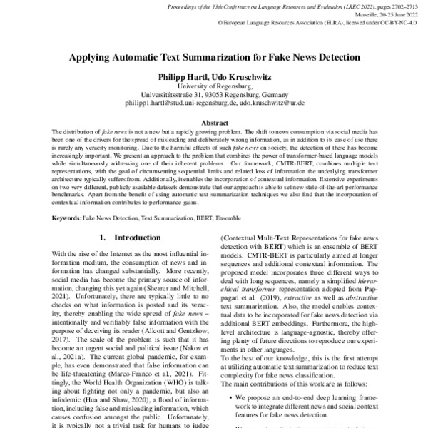 Applying Automatic Text Summarization for Fake News Detection - ACL Anthology