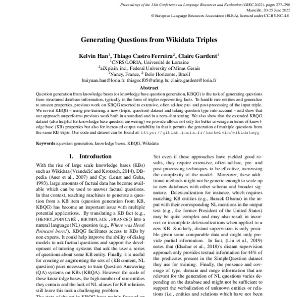 Generating Questions from Wikidata Triples - ACL Anthology