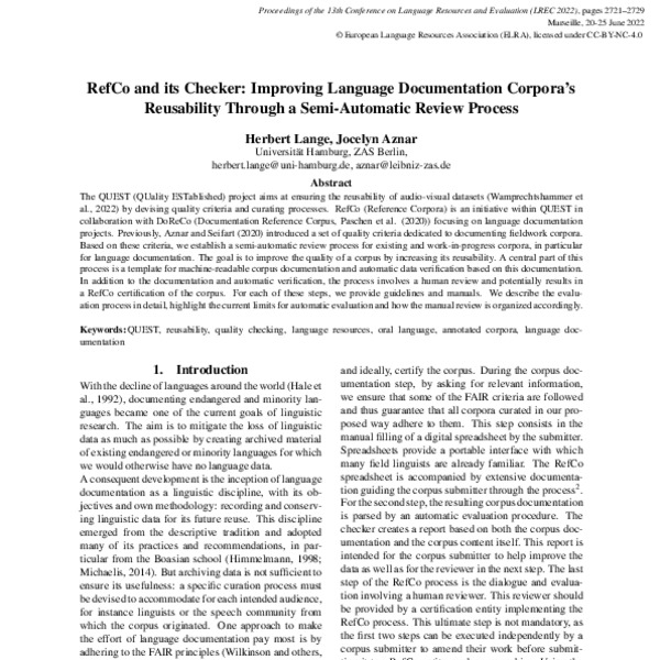 RefCo and its Checker: Improving Language Documentation Corpora’s Reusability Through a Semi ...