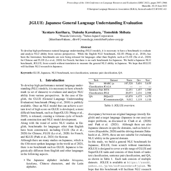 JGLUE: Japanese General Language Understanding Evaluation - ACL Anthology