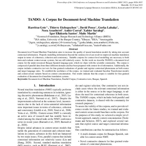 TANDO: A Corpus for Document-level Machine Translation - ACL Anthology