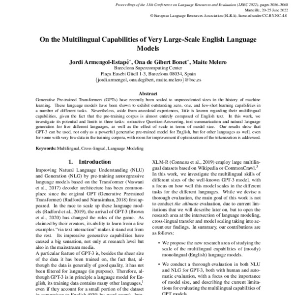 On the Multilingual Capabilities of Very Large-Scale English Language Models - ACL Anthology