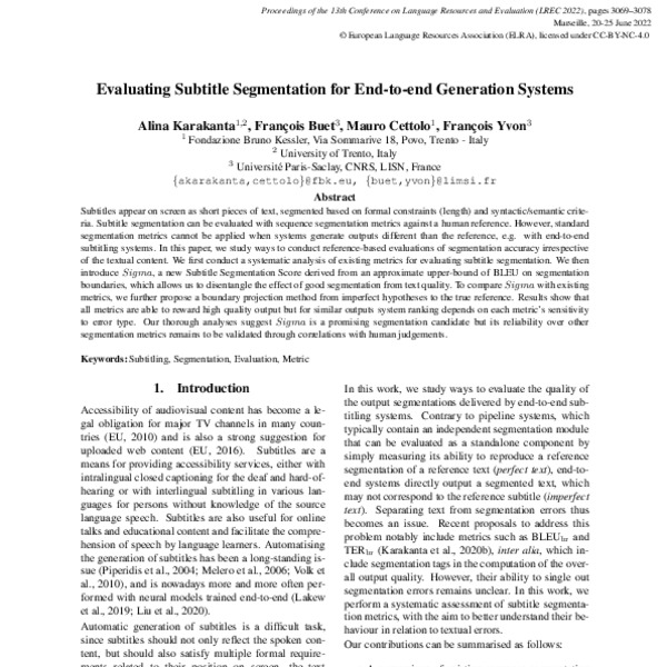Evaluating Subtitle Segmentation for End-to-end Generation Systems - ACL Anthology