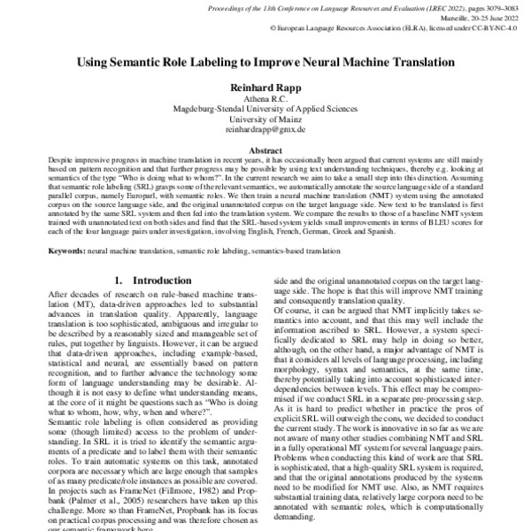 Using Semantic Role Labeling to Improve Neural Machine Translation - ACL Anthology