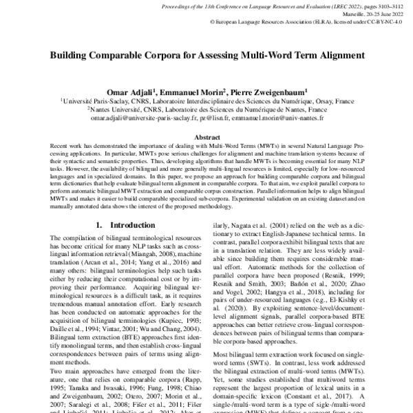 Building Comparable Corpora for Assessing Multi-Word Term Alignment - ACL Anthology