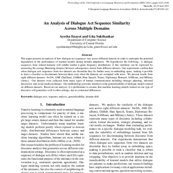 An Analysis of Dialogue Act Sequence Similarity Across Multiple Domains ...