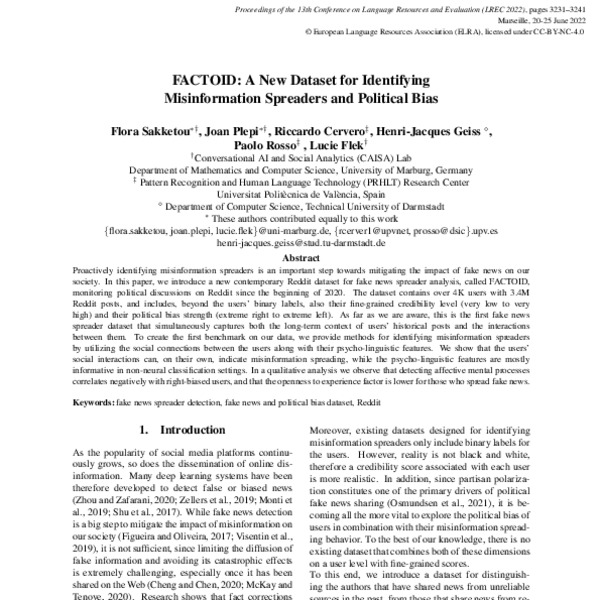 FACTOID: A New Dataset for Identifying Misinformation Spreaders and ...