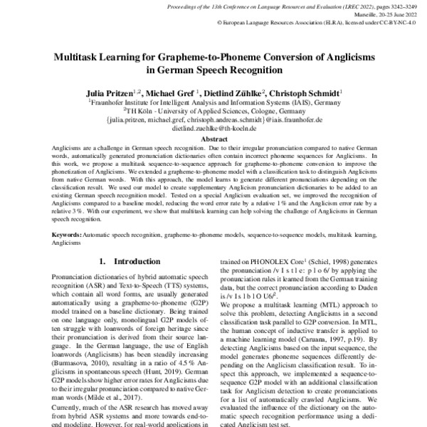 Multitask Learning for Grapheme-to-Phoneme Conversion of Anglicisms in German Speech Recognition ...
