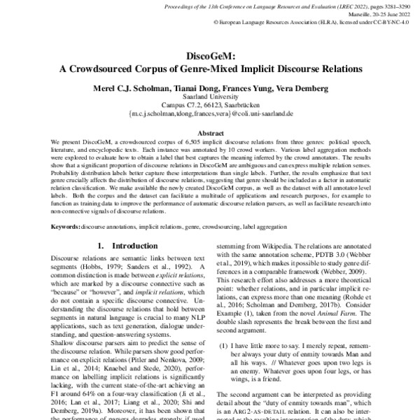 DiscoGeM: A Crowdsourced Corpus of Genre-Mixed Implicit Discourse Relations - ACL Anthology