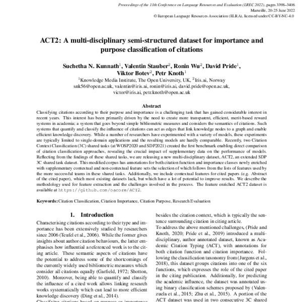 ACT2: A multi-disciplinary semi-structured dataset for importance and purpose classification of ...