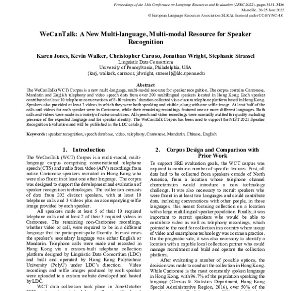 WeCanTalk: A New Multi-language, Multi-modal Resource for Speaker Recognition - ACL Anthology
