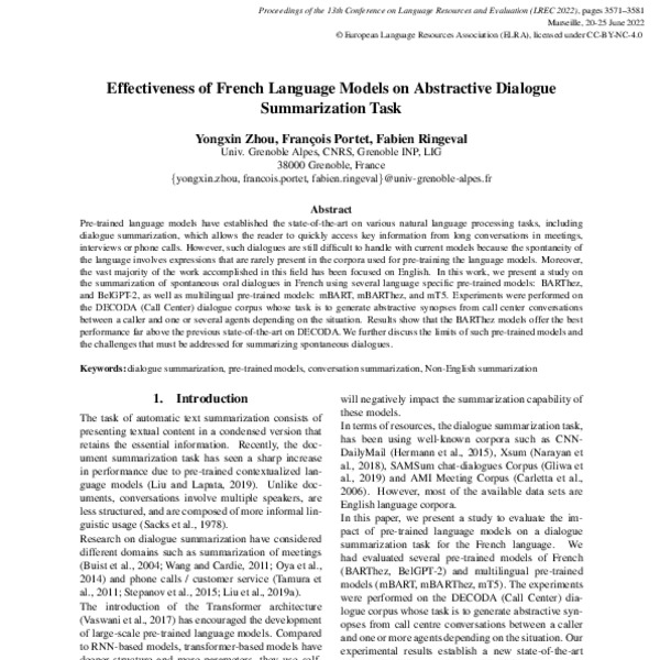 Effectiveness of French Language Models on Abstractive Dialogue ...