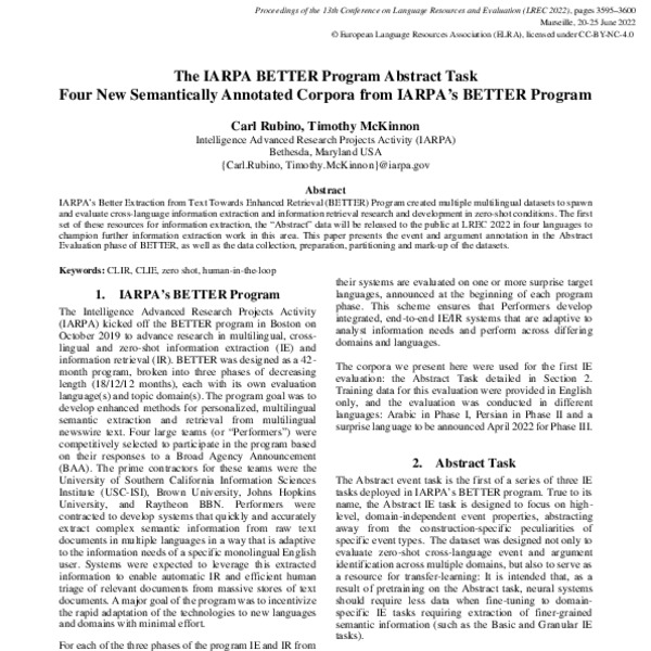 The IARPA BETTER Program Abstract Task Four New Semantically Annotated ...