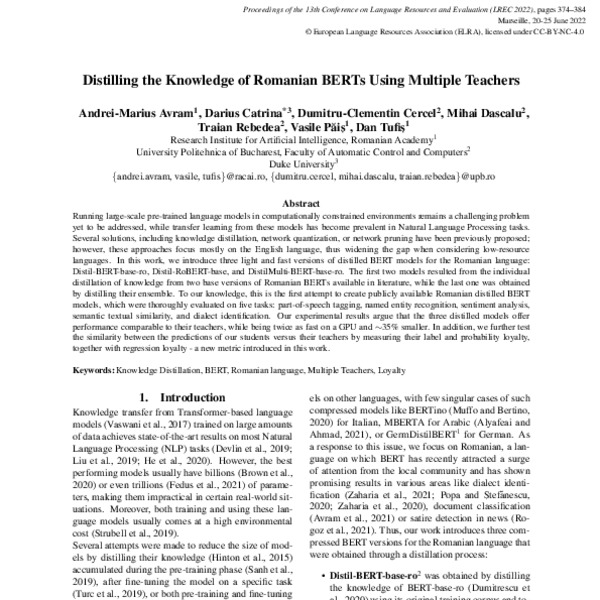 Distilling the Knowledge of Romanian BERTs Using Multiple Teachers - ACL Anthology