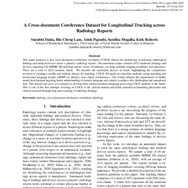 A Cross-document Coreference Dataset for Longitudinal Tracking across Radiology Reports - ACL ...