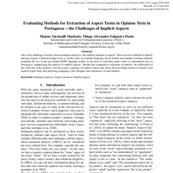 Evaluating Methods for Extraction of Aspect Terms in Opinion Texts in Portuguese - the ...
