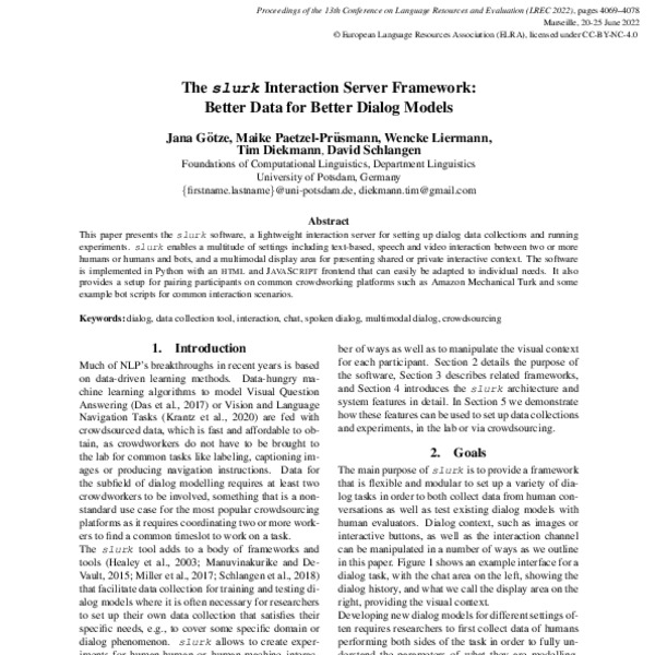 The slurk Interaction Server Framework: Better Data for Better Dialog ...