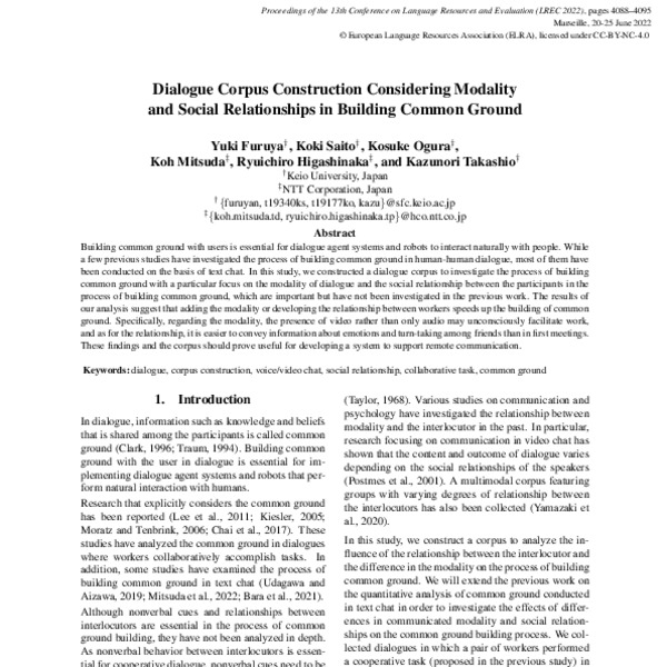 Dialogue Corpus Construction Considering Modality and Social ...