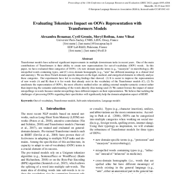 Evaluating Tokenizers Impact on OOVs Representation with Transformers ...