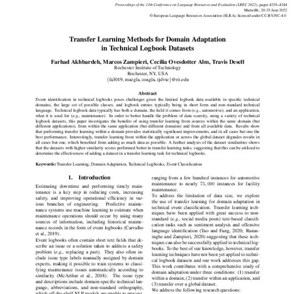 Transfer Learning Methods for Domain Adaptation in Technical Logbook Datasets - ACL Anthology