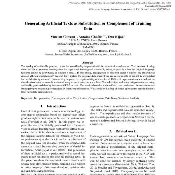 Generating Artificial Texts As Substitution Or Complement Of Training