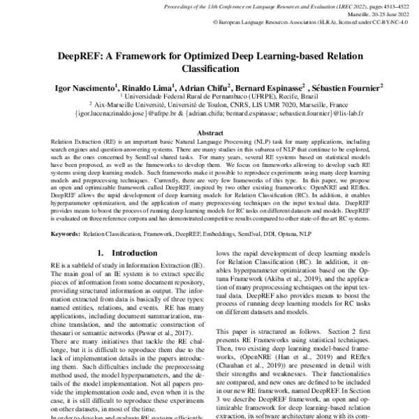 DeepREF: A Framework for Optimized Deep Learning-based Relation Classification - ACL Anthology