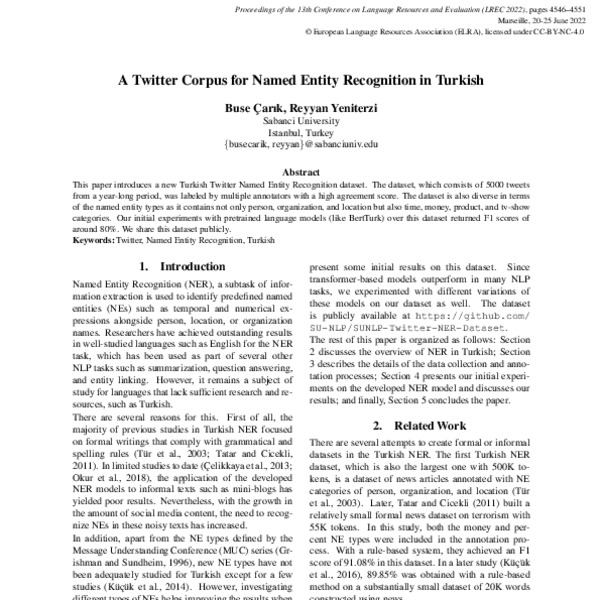 A Twitter Corpus for Named Entity Recognition in Turkish - ACL Anthology