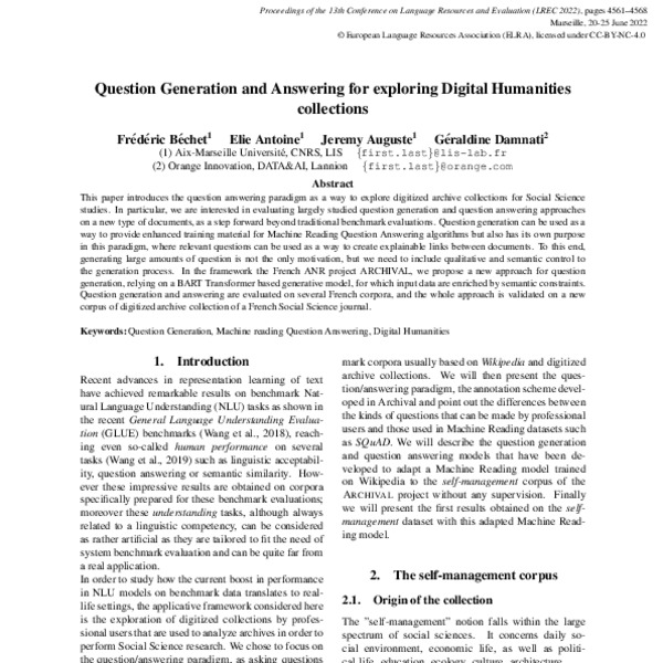 Question Generation and Answering for exploring Digital Humanities collections - ACL Anthology