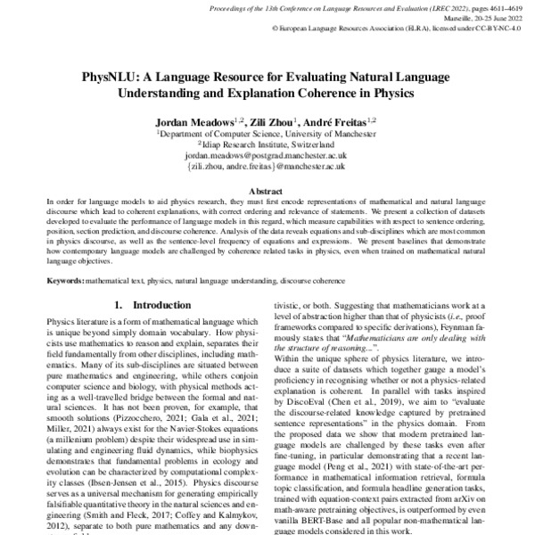 PhysNLU: A Language Resource for Evaluating Natural Language Understanding and Explanation ...