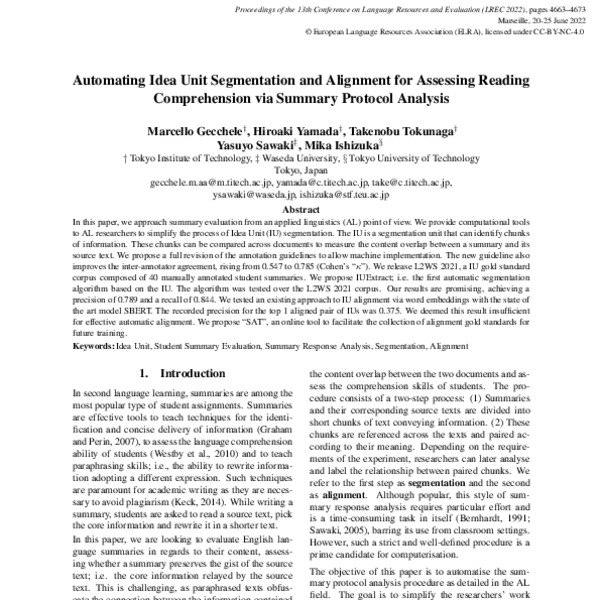 Automating Idea Unit Segmentation and Alignment for Assessing Reading Comprehension via Summary ...