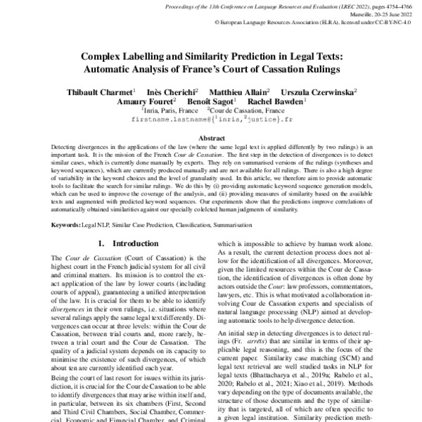 Complex Labelling and Similarity Prediction in Legal Texts: Automatic Analysis of France’s Court ...