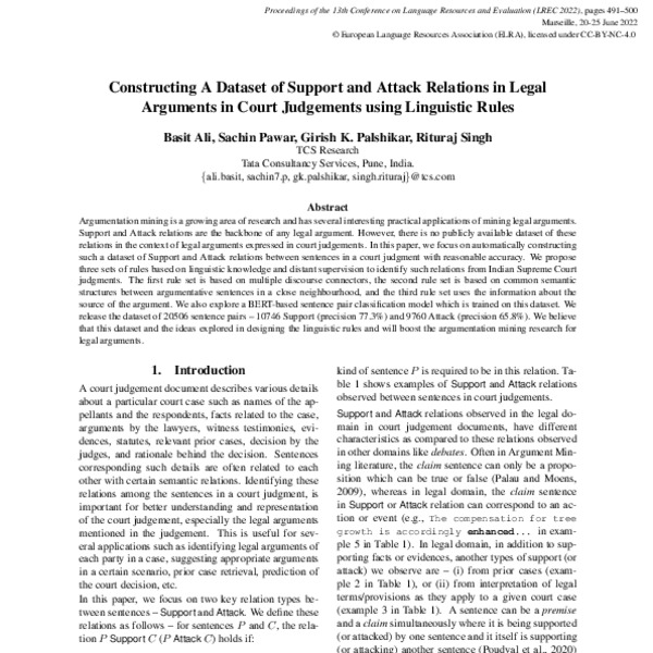 Constructing A Dataset of Support and Attack Relations in Legal ...