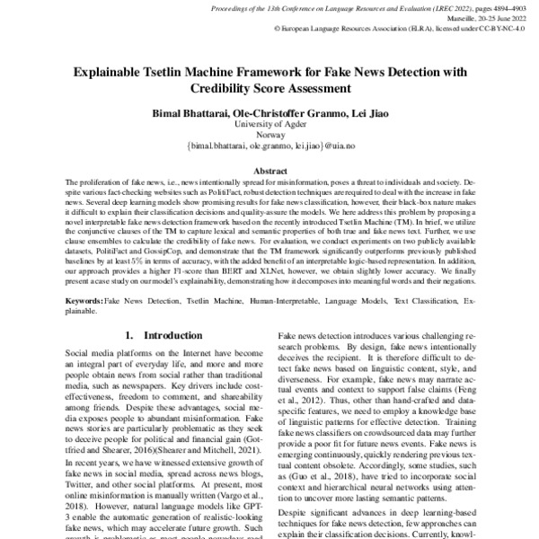 Explainable Tsetlin Machine Framework for Fake News Detection with ...