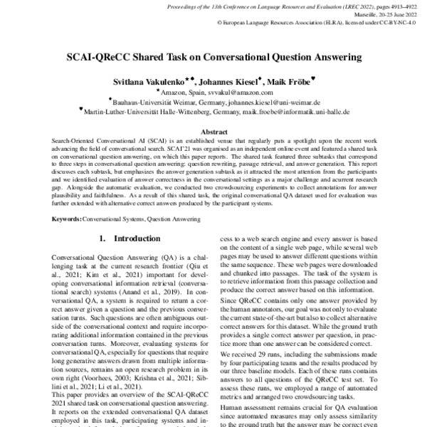 SCAI-QReCC Shared Task on Conversational Question Answering - ACL Anthology