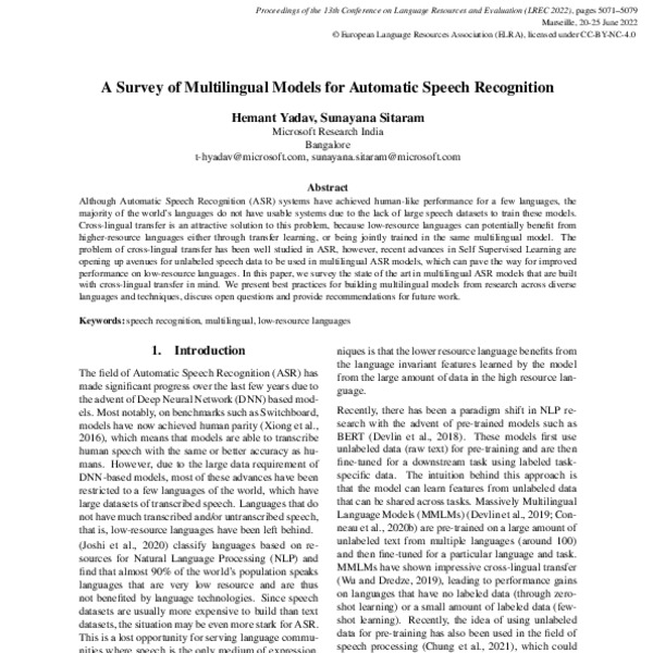 A Survey of Multilingual Models for Automatic Speech Recognition - ACL Anthology
