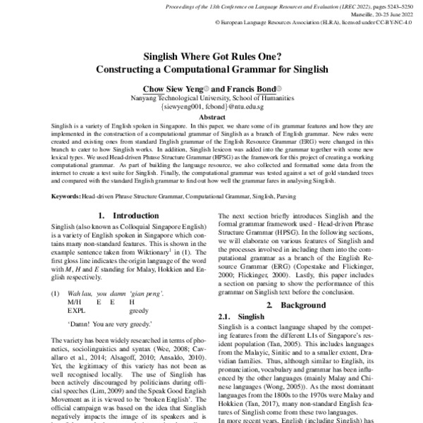 Singlish Where Got Rules One? Constructing a Computational Grammar for ...