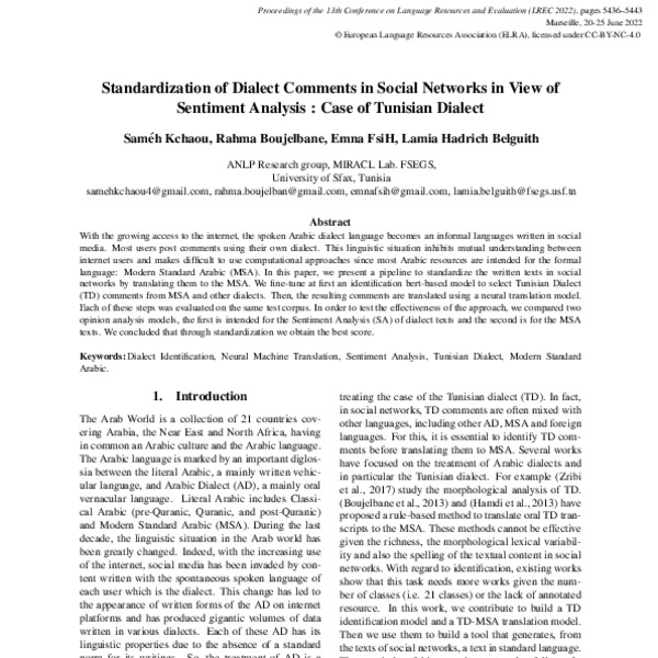 Standardisation of Dialect Comments in Social Networks in View of Sentiment Analysis : Case of ...